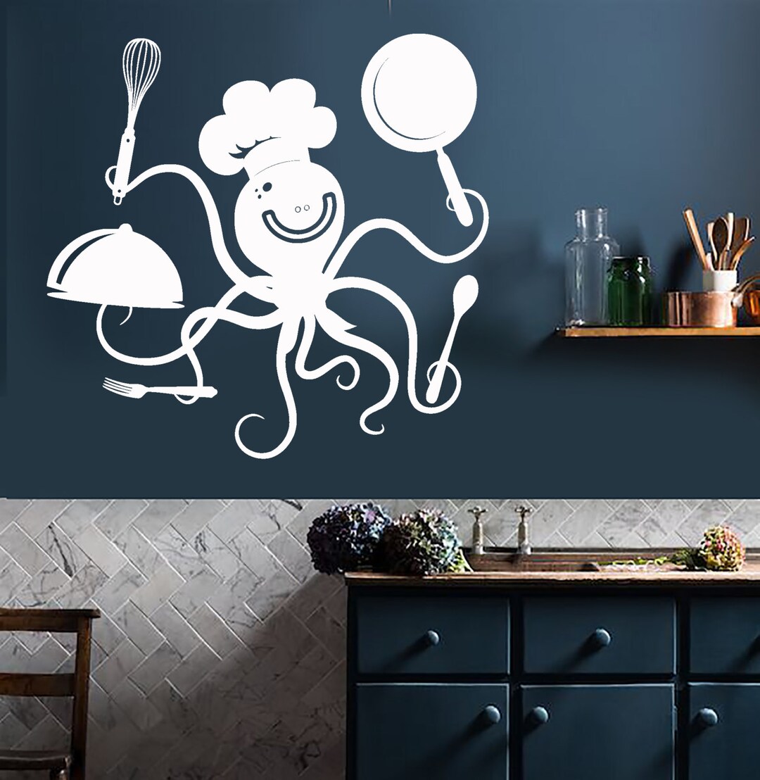 Wall Vinyl Decal Kitchen Decor Funny Octopus Chef With Pots and Pans ...