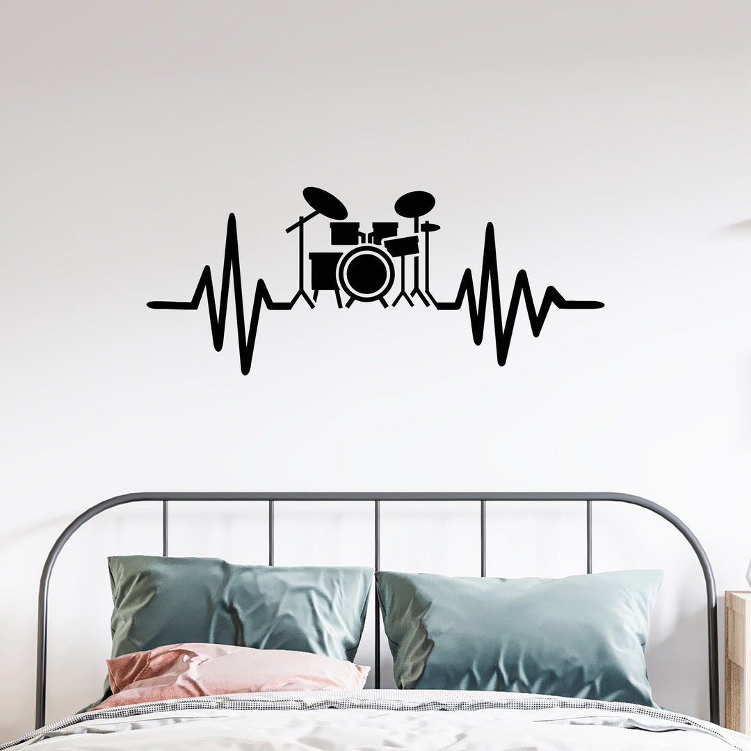 Drum Kit Wall Vinyl Decal Heartbeat Hobbies Music Band Drummer Room ...