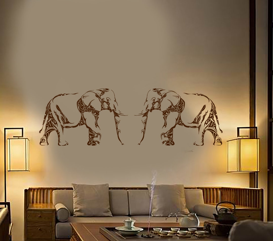 Wall Vinyl Decal Elephants Head to Head India Floral Ornament Animals ...