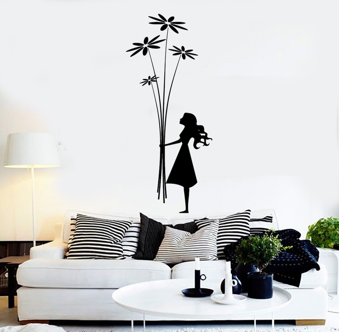 Wall Art Mural Cute Girl and Flowers Very Romantic Charming Decor for ...