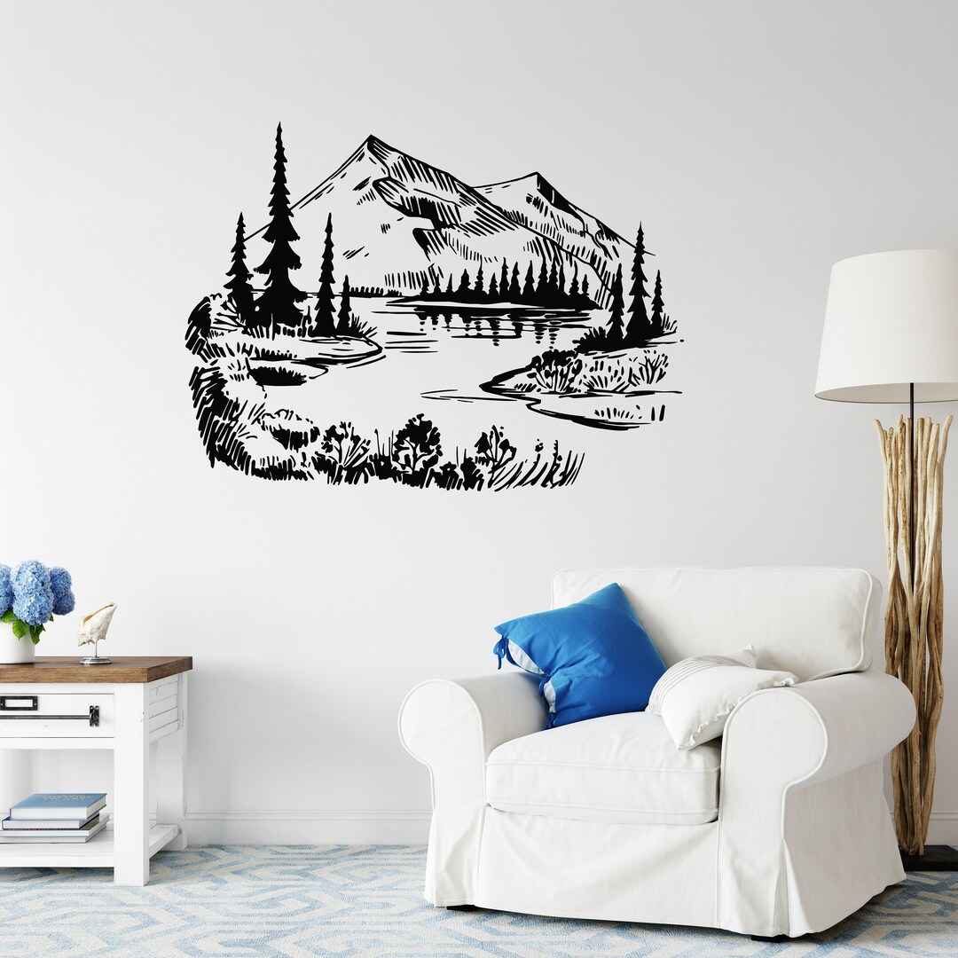 Nature Vinyl Wall Decal Mountains Trees Lake Home Decor Idea Stickers ...