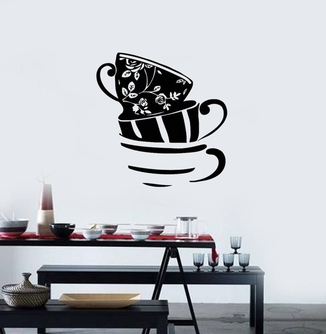Tea Cups Vinyl Wall Decal Kitchen Dining Room Cafe Window Art Decor ...