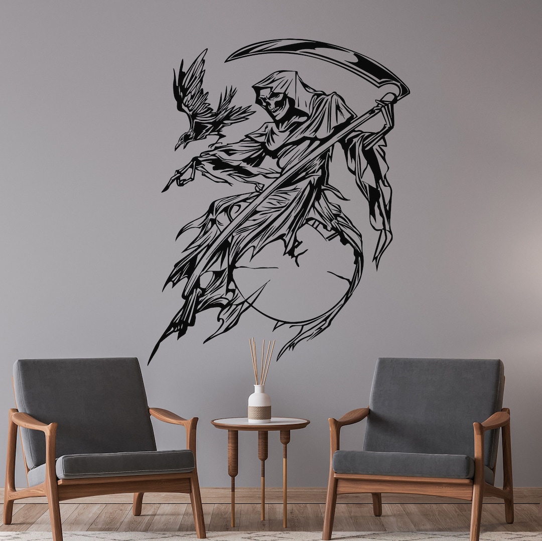 Horror Vinyl Wall Decal Gothic Style Death With Scythe Skull Raven ...