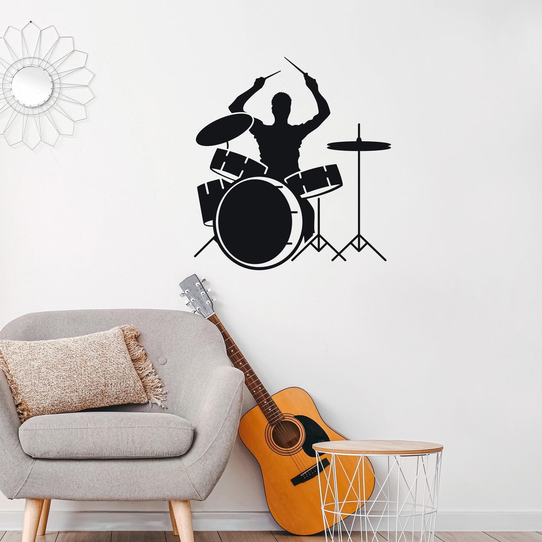 Drummer Silhouette Vinyl Wall Decal Drums Music Boy Musician Teen Room ...