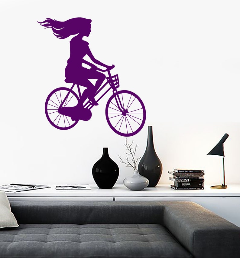 Wall Vinyl Decal Girl Riding a Bicycle Long Haired Beauty Decor Girl's ...