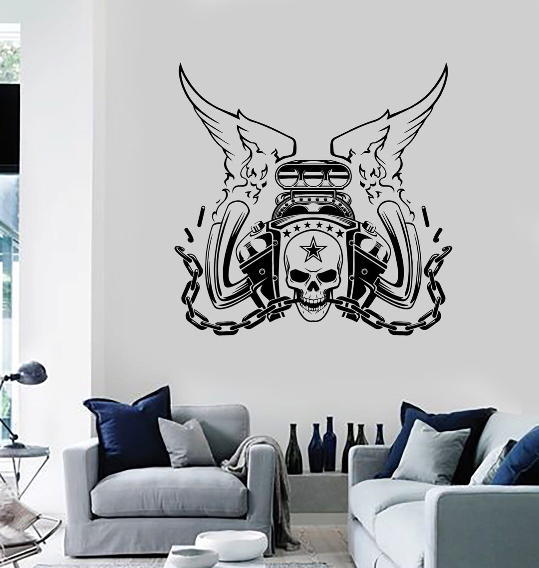 Wall Vinyl Decal Car Skull Engine Steam Punk Auto Repair Tools Decor ...