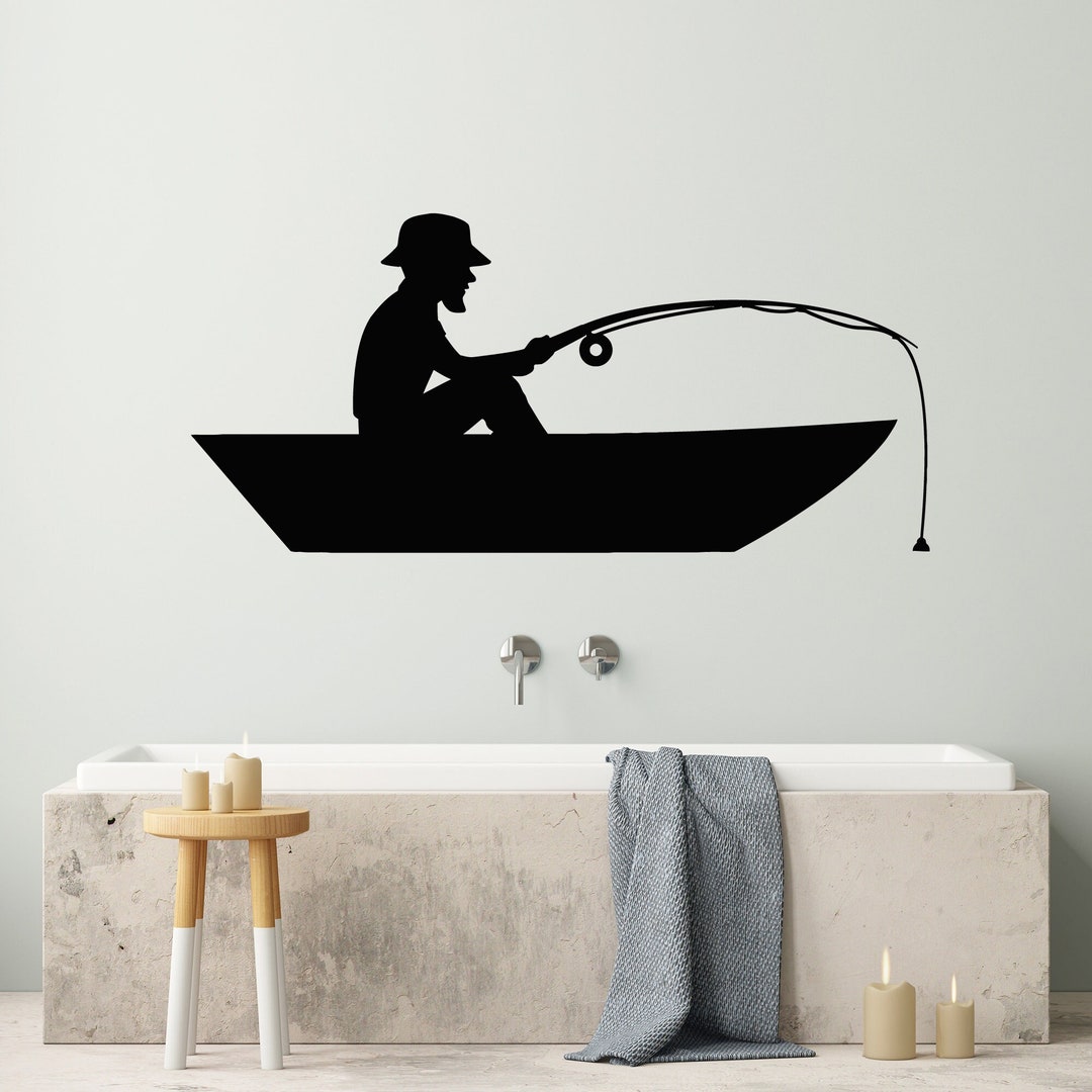 Fish Vinyl Wall Decal Fisherman Fishing Rod Boat Catch Hobby Stickers ...