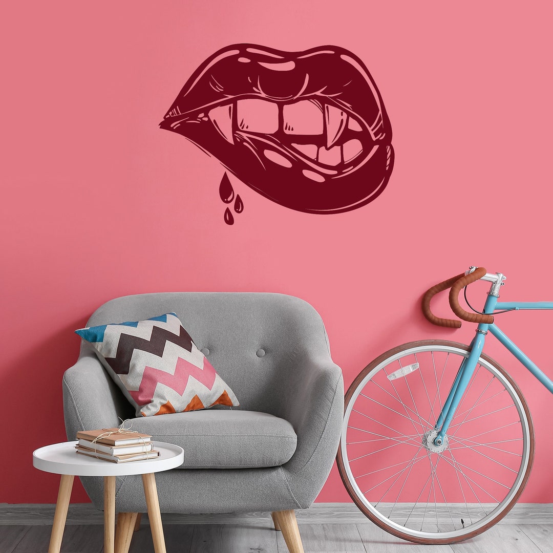 Vampire Lips Vinyl Wall Decal Girl's Fangs Decor for Halloween Gothic ...