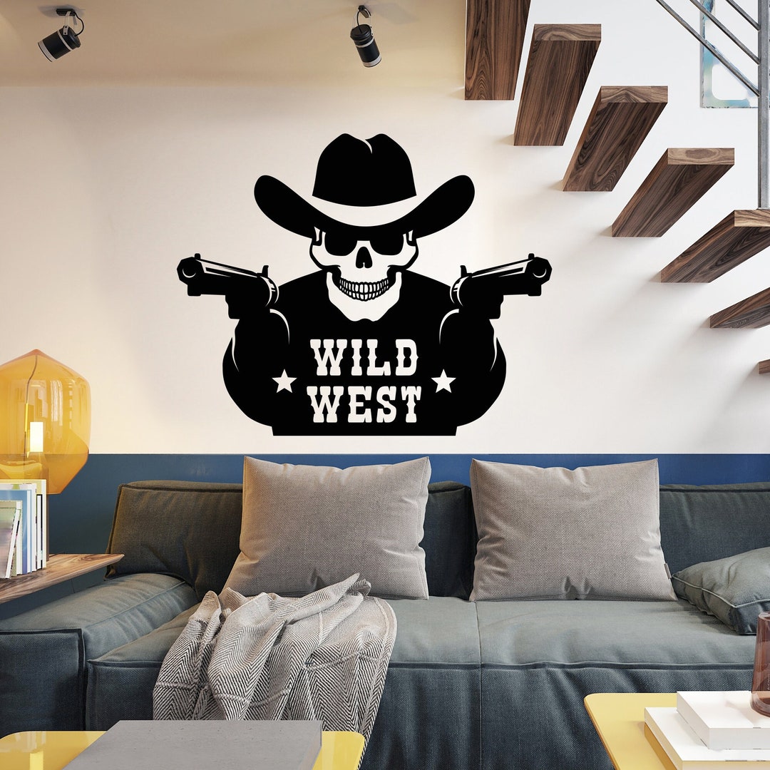 Wild West Cowboy Vinyl Wall Decal Western Skeleton Skull With Guns ...