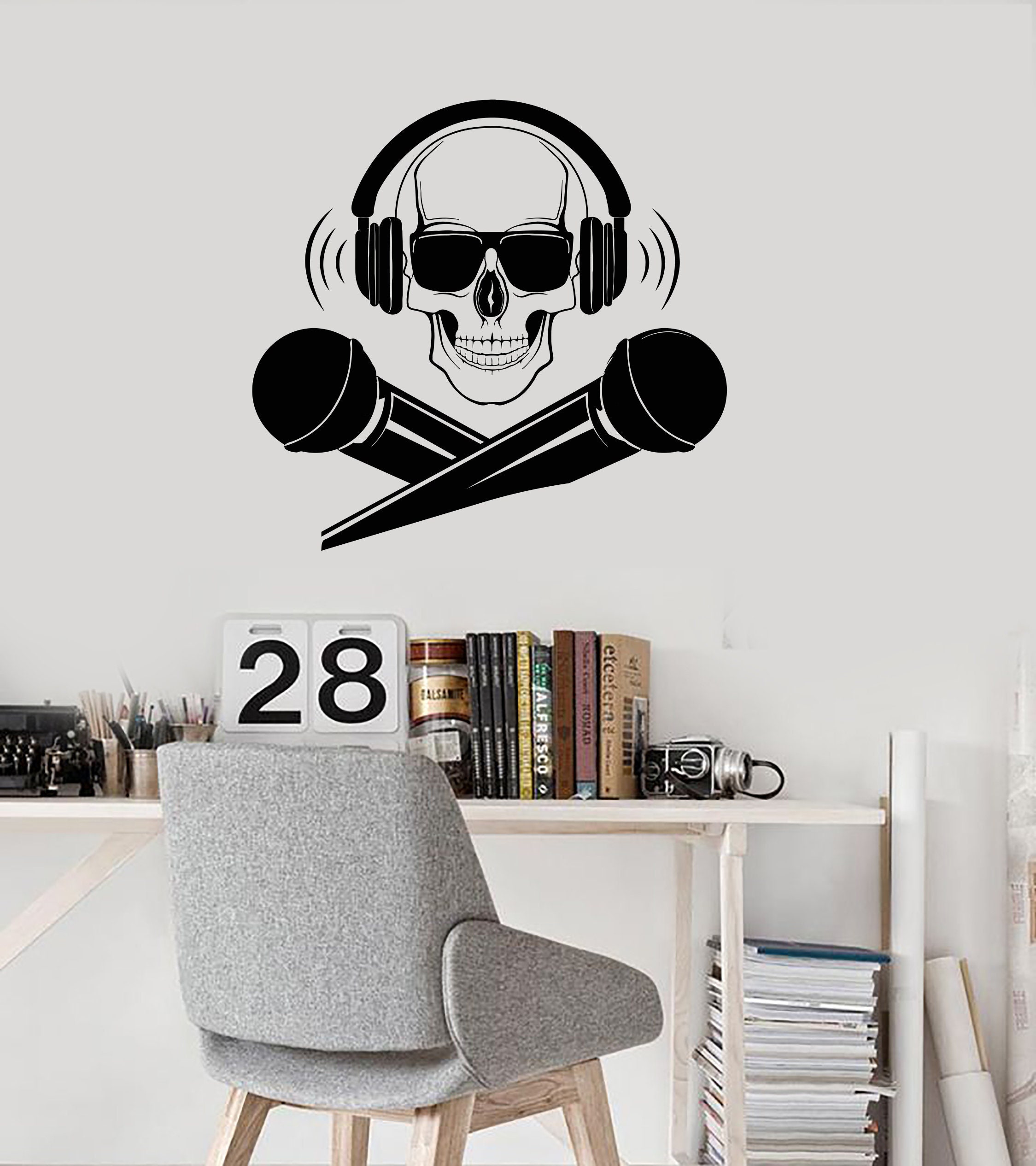 Vinyl Wall Decal Skull Headphones Microphones Music Musical Room Decor ...
