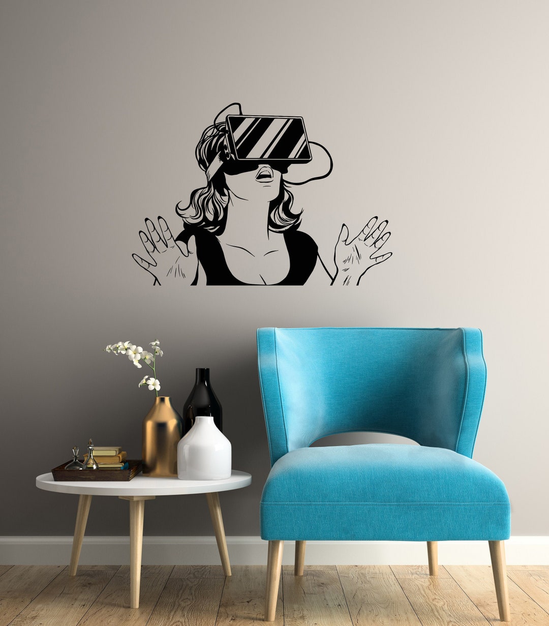 Virtual Reality Vinyl Wall Decal VR Headset Gamer Girl Woman Stickers ...