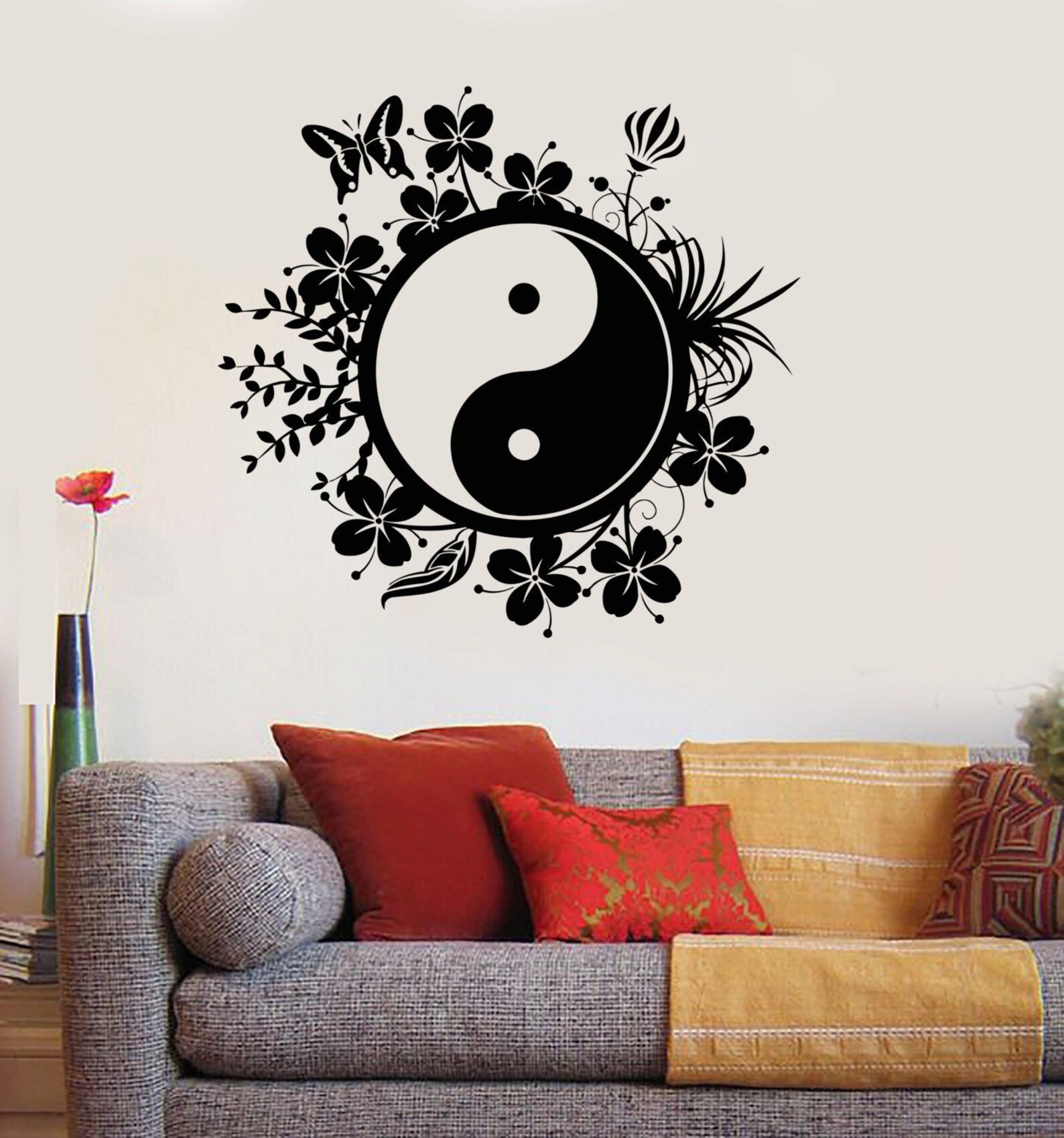 Floral Yin Yang Vinyl Wall Decal Zen Meditation Room Eastern Yoga ...