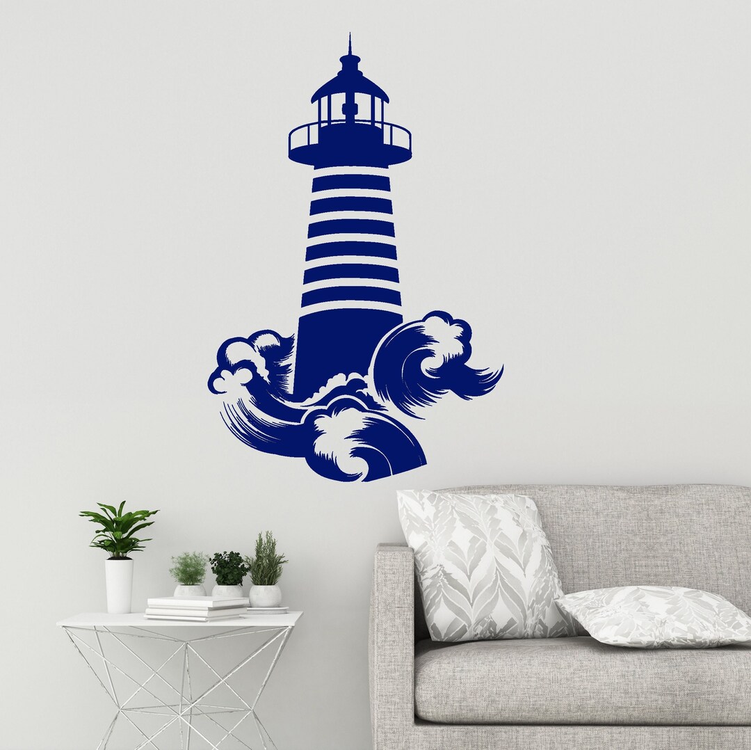 Lighthouse Vinyl Wall Decal Waves Ocean Marine Room Decor Coastal Theme ...