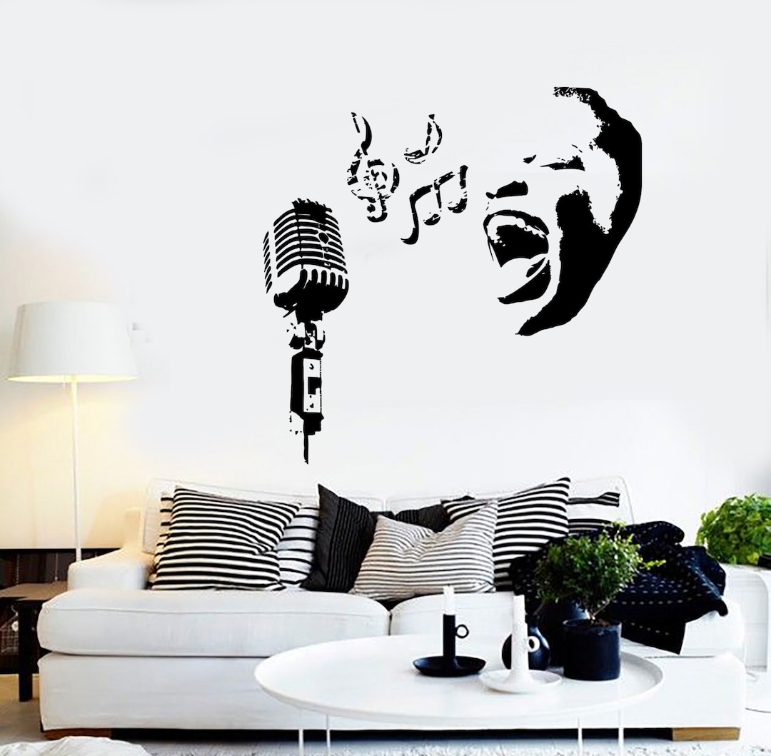 Wall Decal Music Black Woman Microphone Notes Vinyl Sticker Mural Art ...