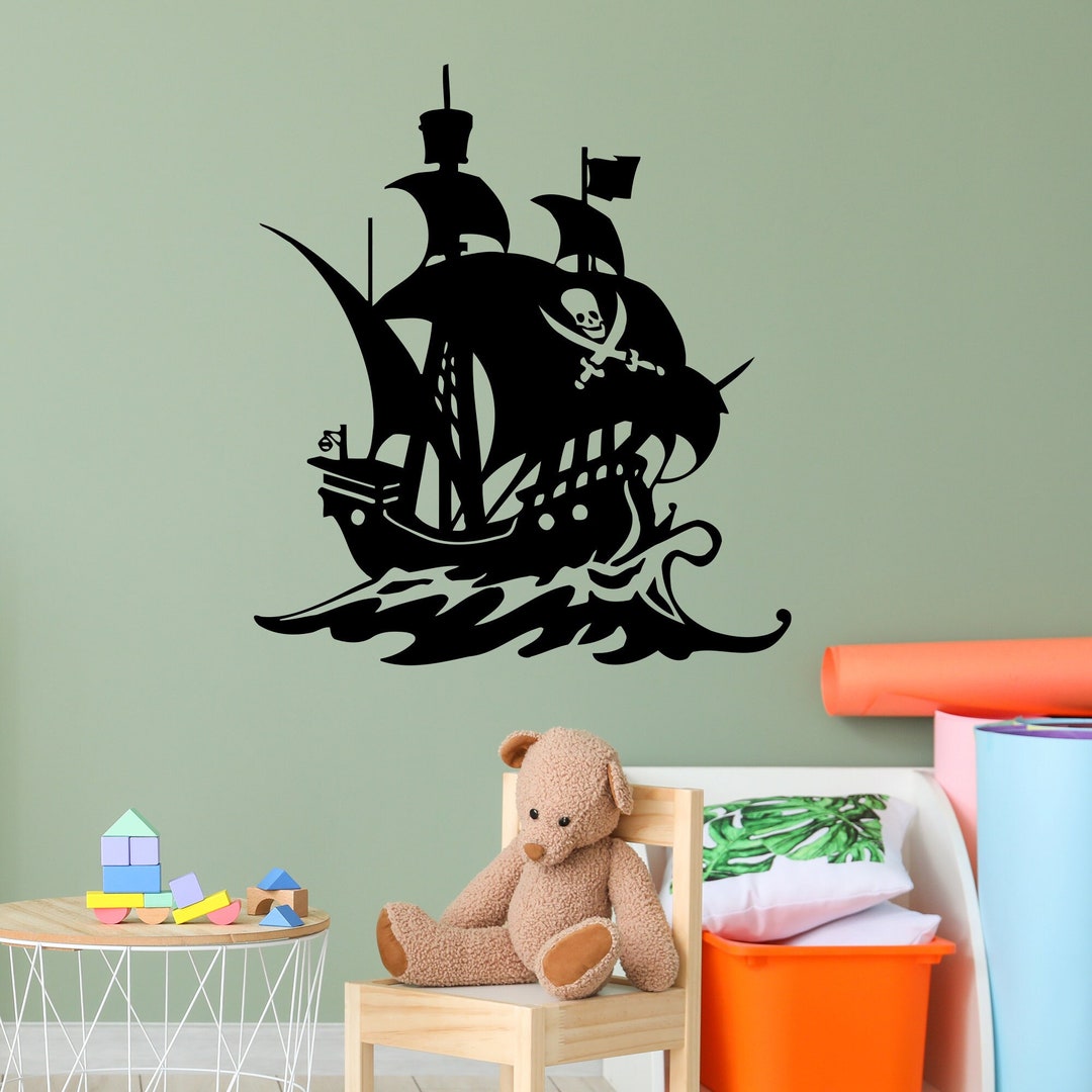 Pirate Ship Vinyl Wall Decal Sailing Boat Skull Sea Ocean Wave Nautical ...