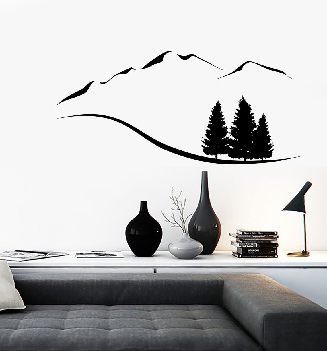 Wall Vinyl Decal Mountain and Trees Nature Rocky Landscape Hand Drawing ...