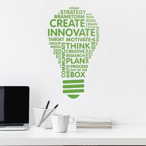 Lightbulb Vinyl Wall Decal Office Space Decor Words Cloud Inspirational ...