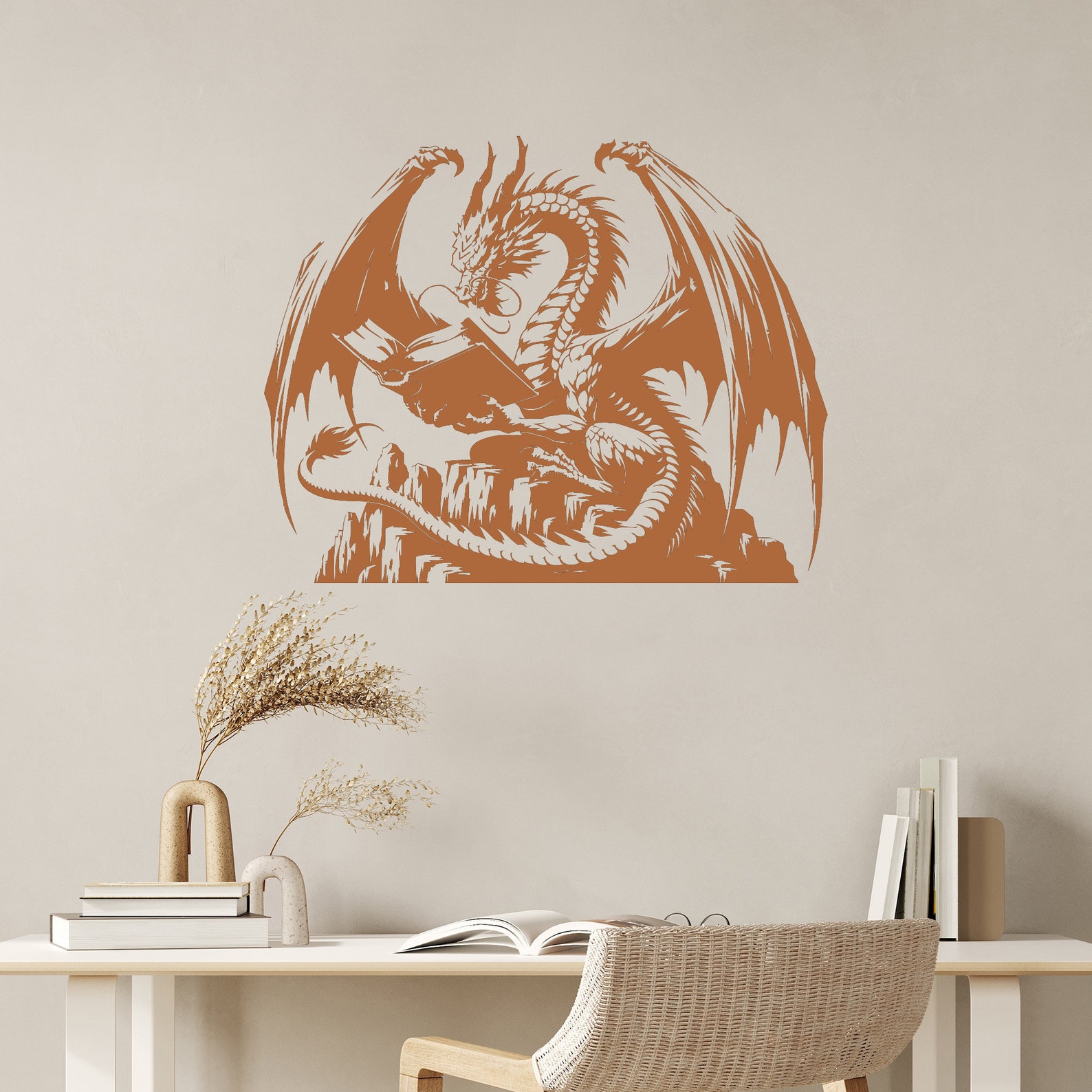 Dragon Reading Book Vinyl Wall Decal Fantasy Beast Library Art Read ...