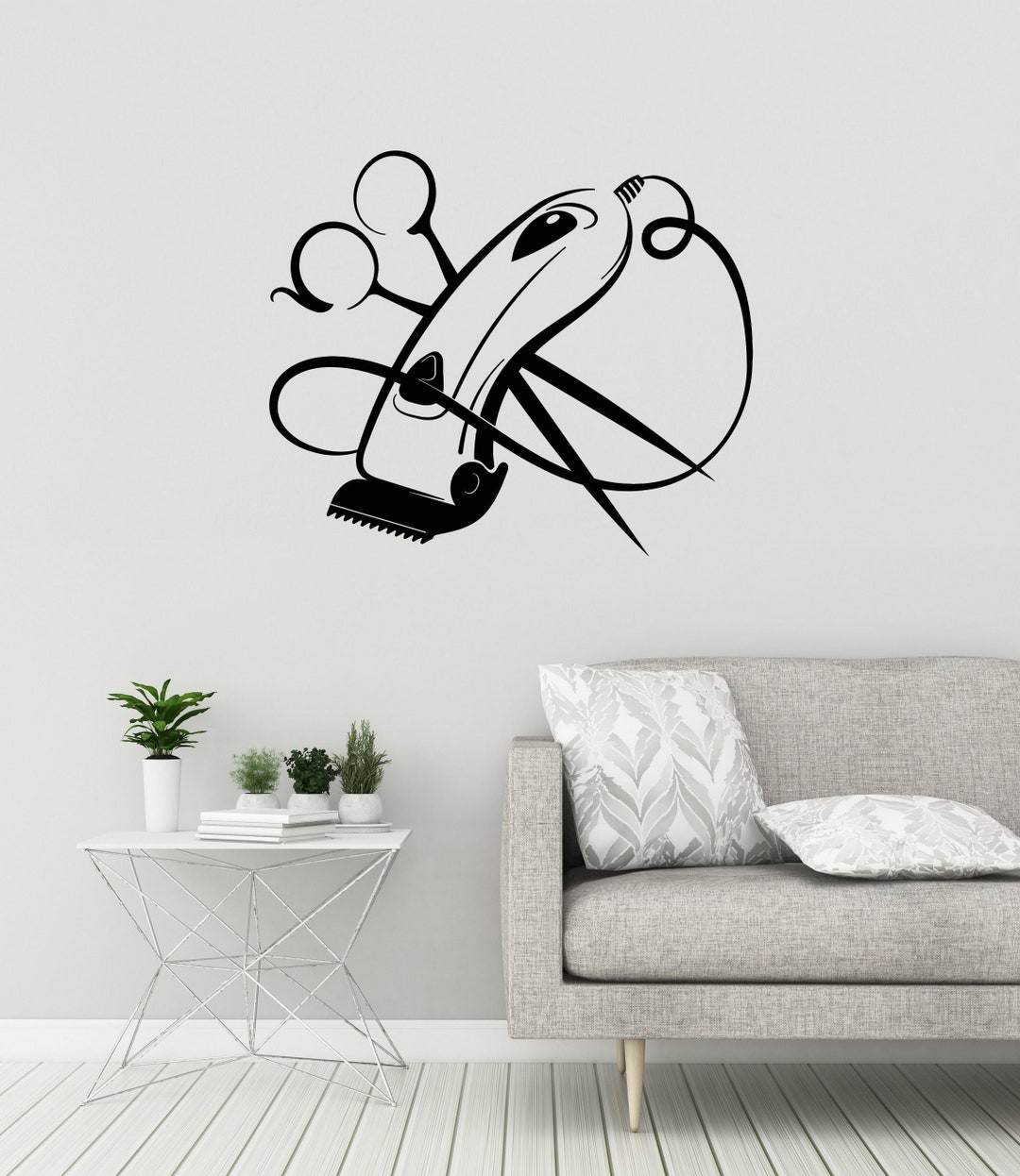 Barbershop Tools Vinyl Wall Decal Hair Salon Scissors Barber Stickers ...