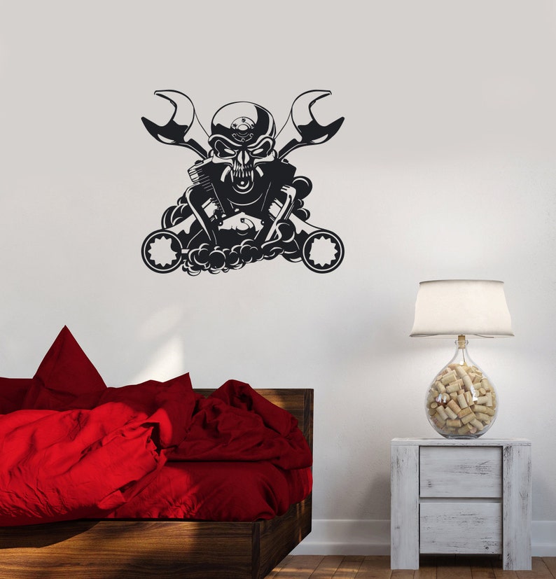 Wall Vinyl Decal Car Skull Engine Steam Punk Auto Repair Tools Decor ...