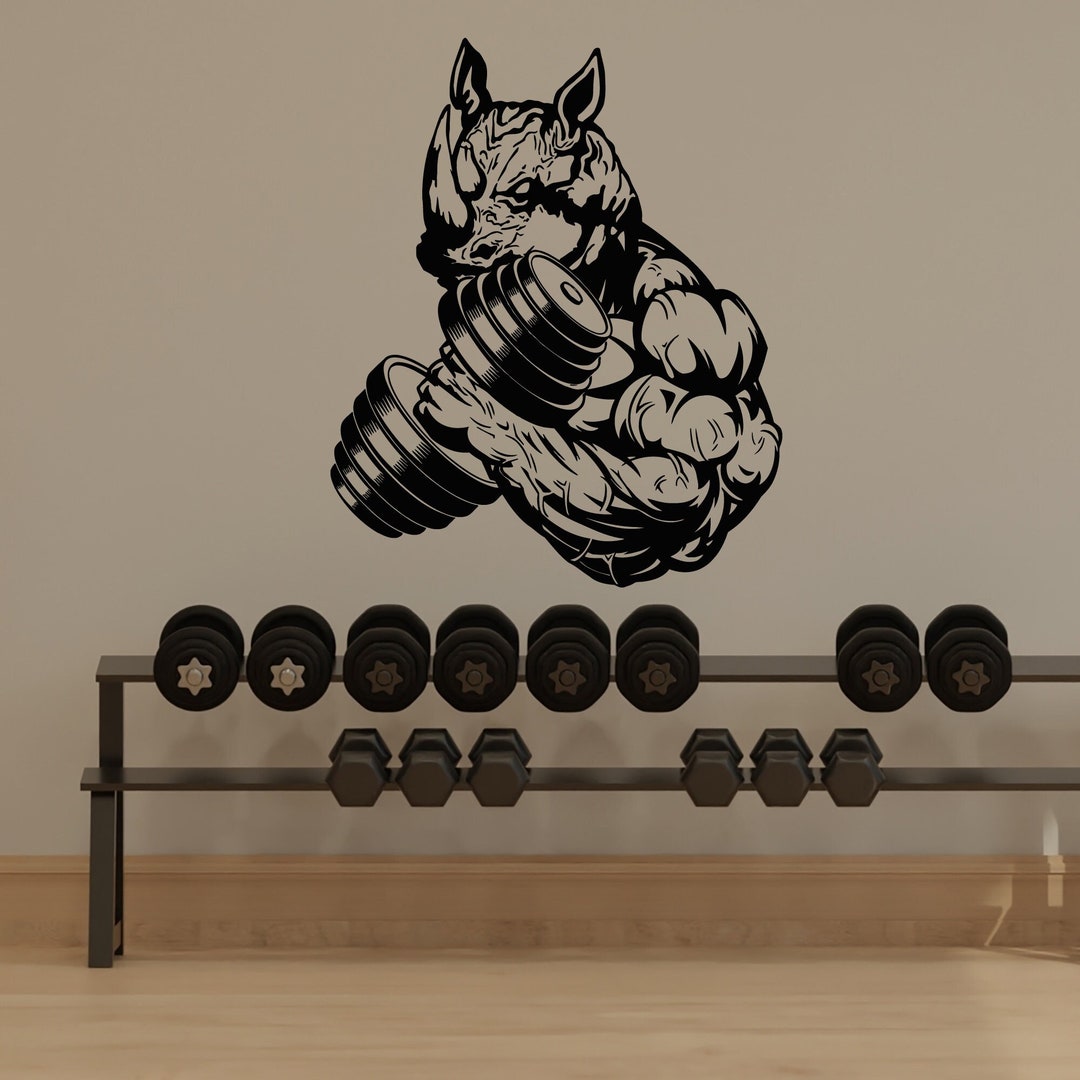 Gym Vinyl Wall Decal Rhino Bodybuilder Muscles Sports Stickers Mural ...