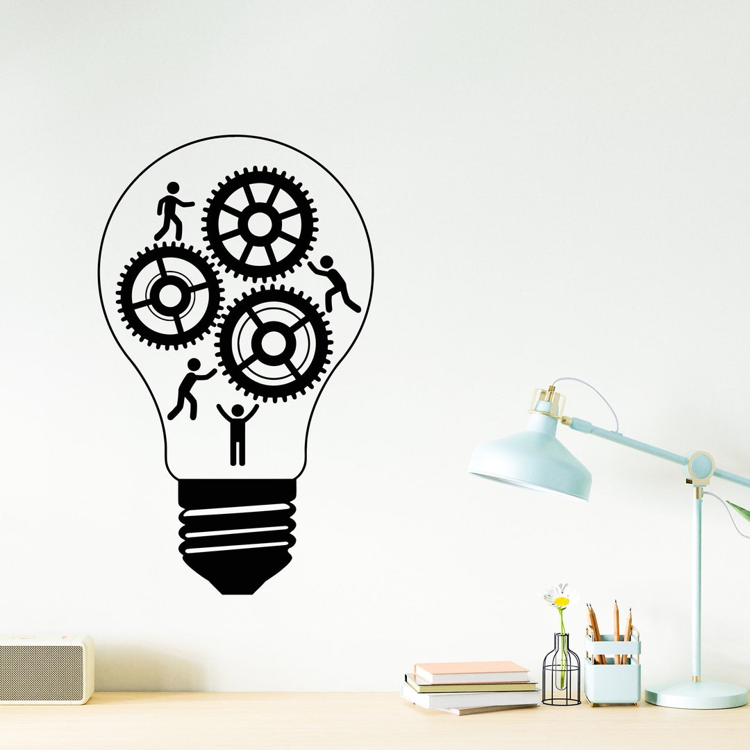 Light Bulb Wall Vinyl Decal Gears Teamwork Creative Idea Office Decor ...