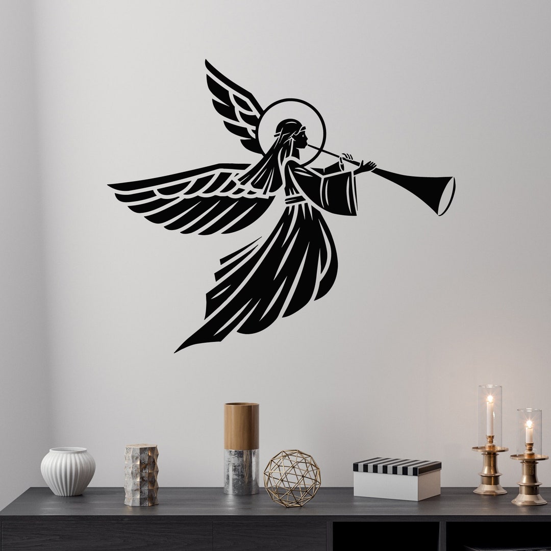 Angel Vinyl Wall Decal Flying Saint Angel With Trumpet Wings Stickers ...