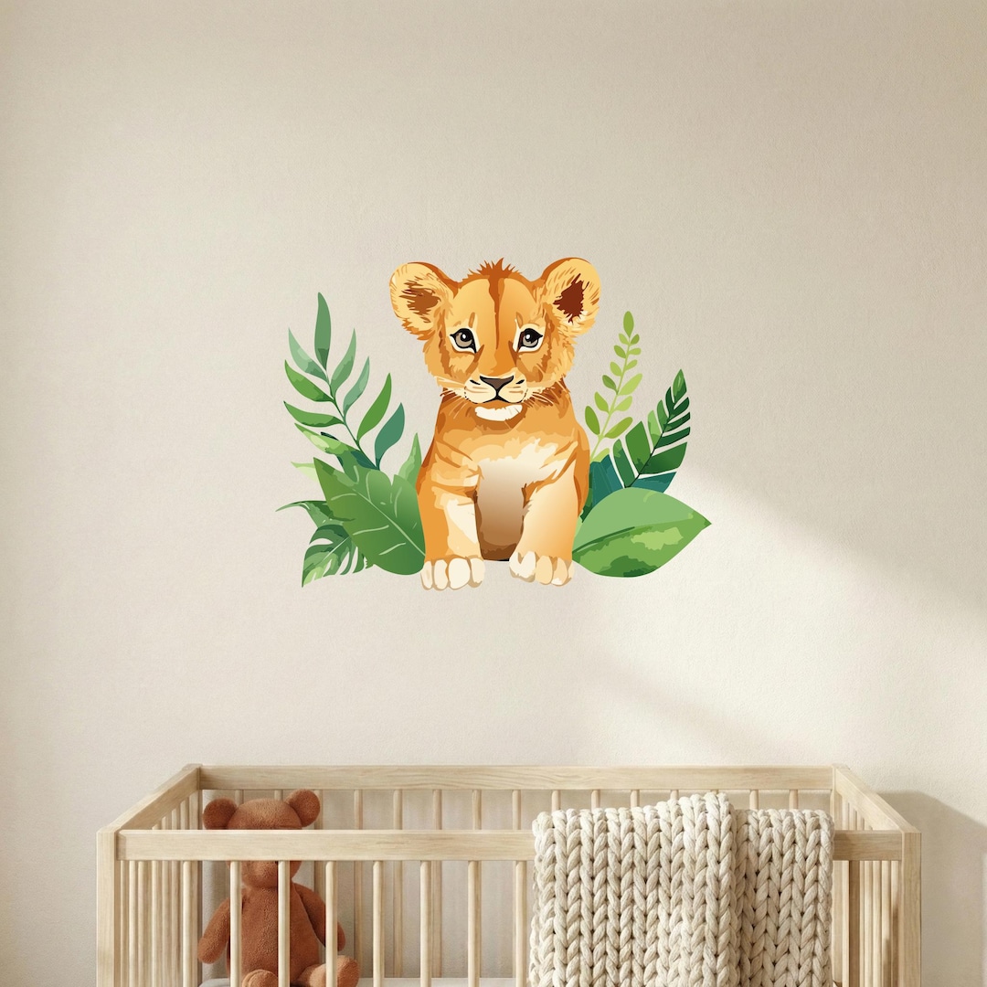 Lion Cub Vinyl Wall Decal, Safari Nursery Wall Art With Leaves, Baby ...