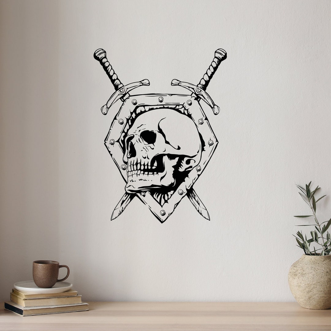 Skull Shield and Swords Vinyl Wall Decal Knight Emblem Warrior Gothic ...