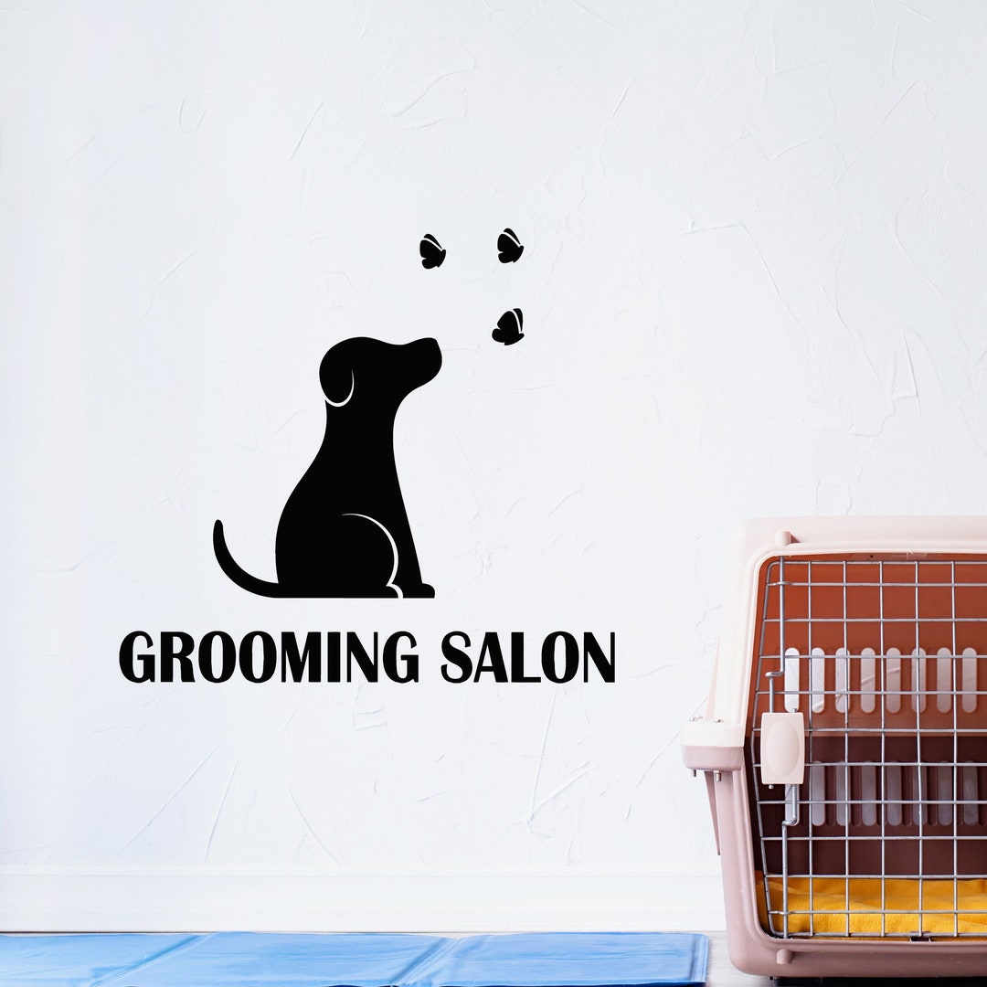 Pet Care Vinyl Wall Decal Grooming Salon Dog Butterflies Stickers Mural ...