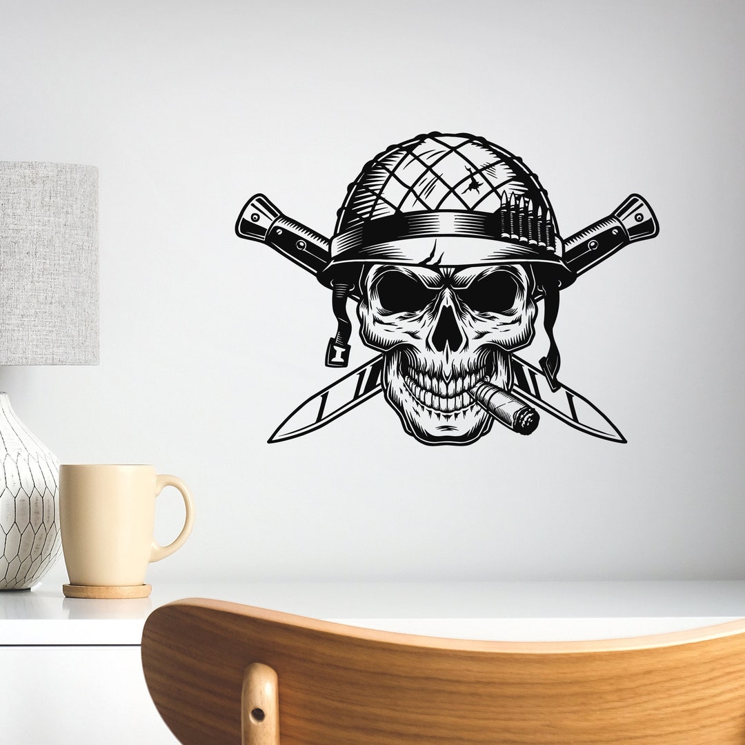 Skull Vinyl Wall Decal Knives Soldier Bones Head Death Cigar Stickers ...