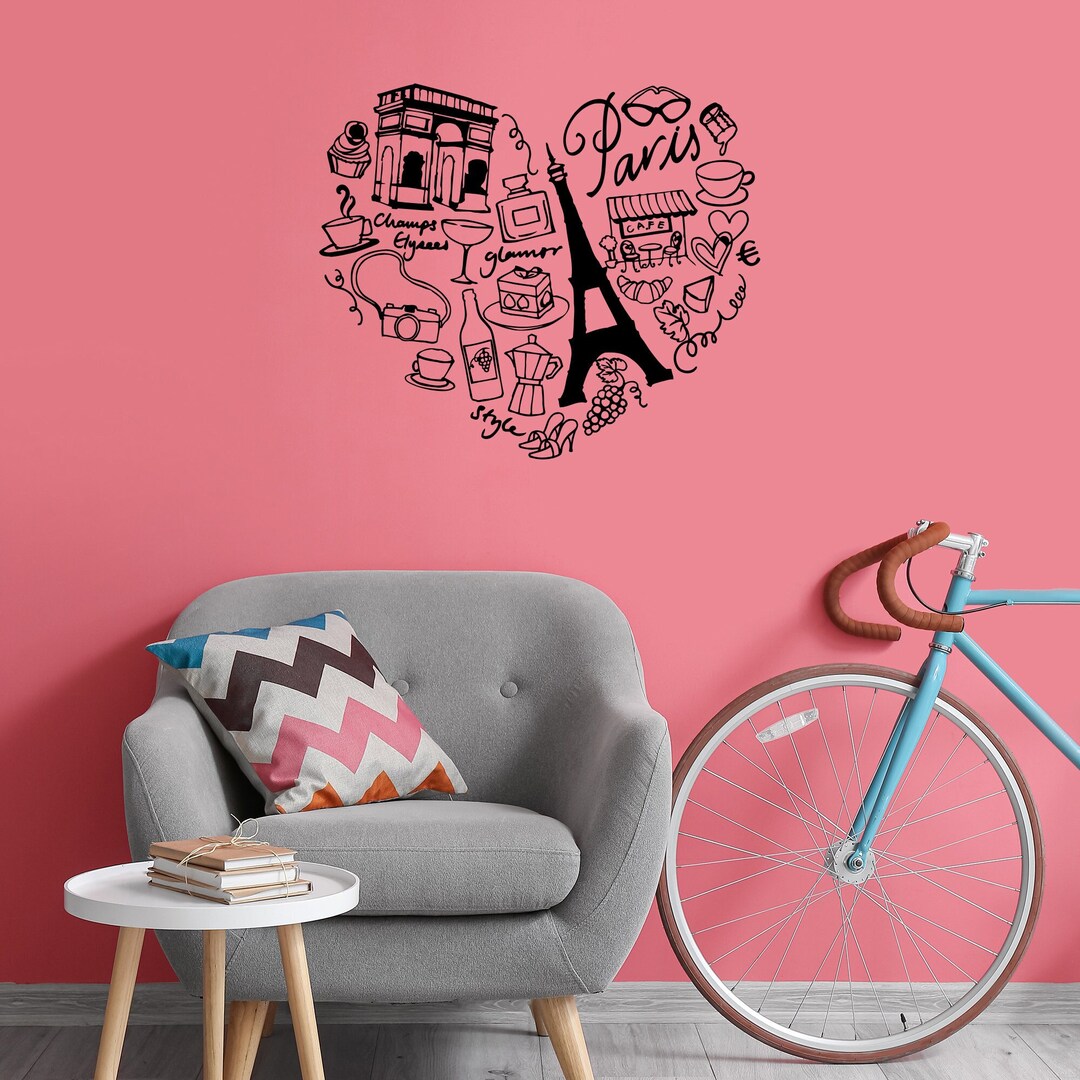 Paris France Wall Vinyl Decal Heart Love Romantic Attractions Eiffel ...