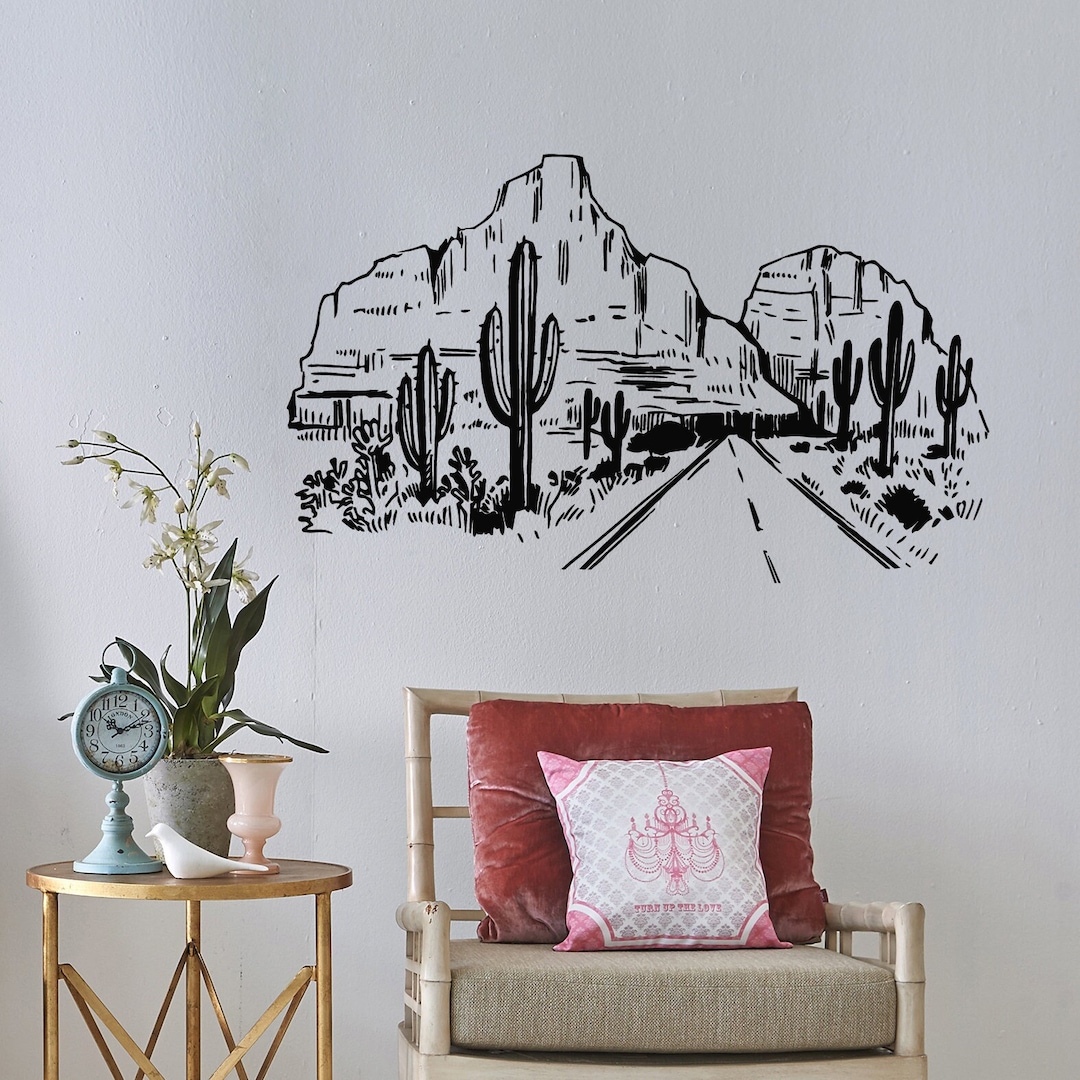 Western Vinyl Wall Decal Sketch Cacti Desert American Landscape ...