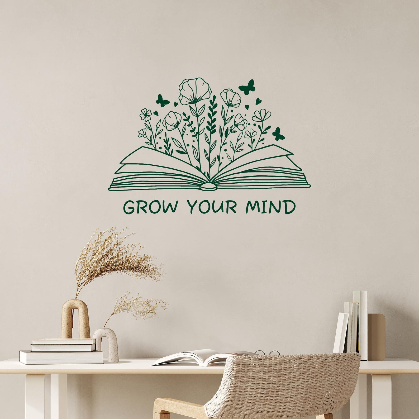 Open Your Mind Vinyl Wall Decal Quote Open Book Bookish Floral Decor ...