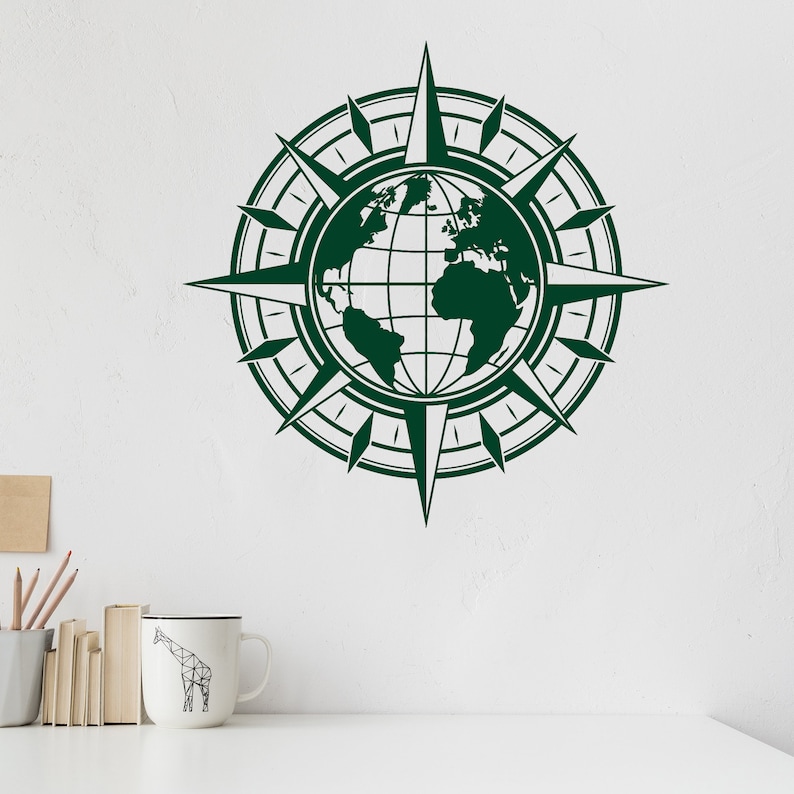 World Map Compass Rose Vinyl Wall Decal: Navigation Stickers (#1442da ...