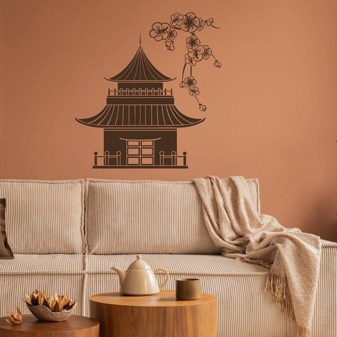 Pagoda Wall Vinyl Decal Sakura Flowers Asian Style Chinese Architecture ...
