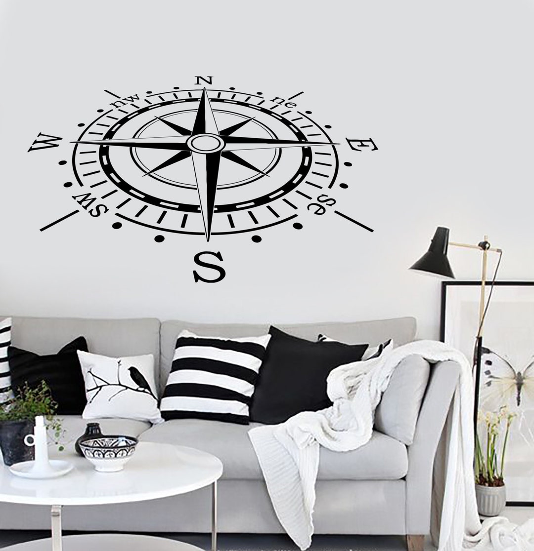 Wall Vinyl Decal Compass 3D Ornament Nautical Marine Science Traveling ...