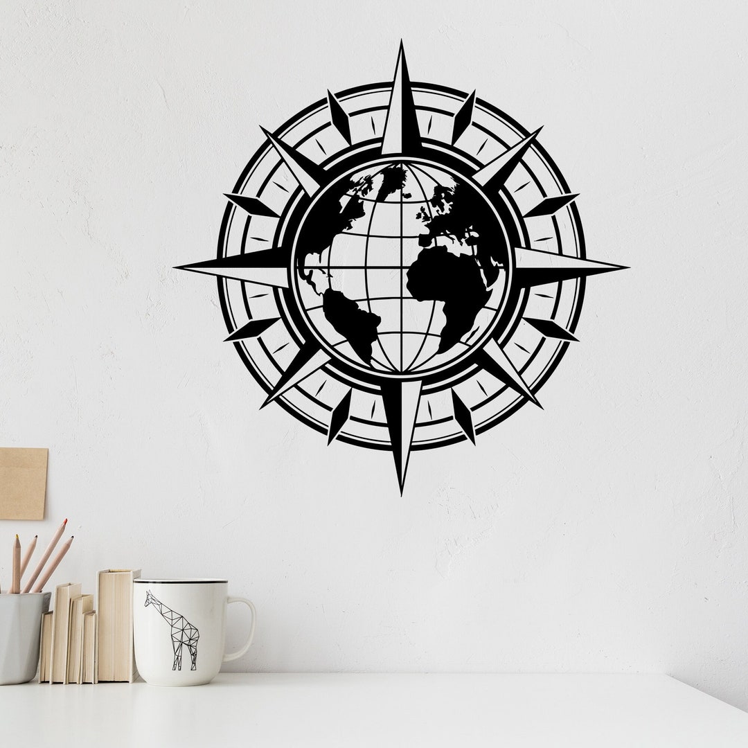 Globe Earth Wall Vinyl Decal World Map Rose of Wind Compass Navigation ...