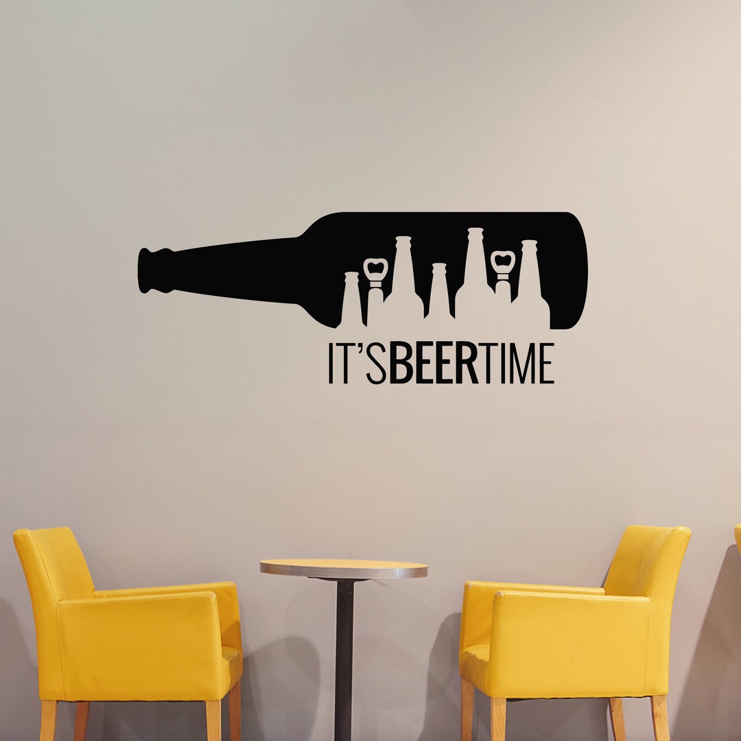 Bar Vinyl Wall Decal Pub Phrase It's Beer Time Bottles Alcohol ...