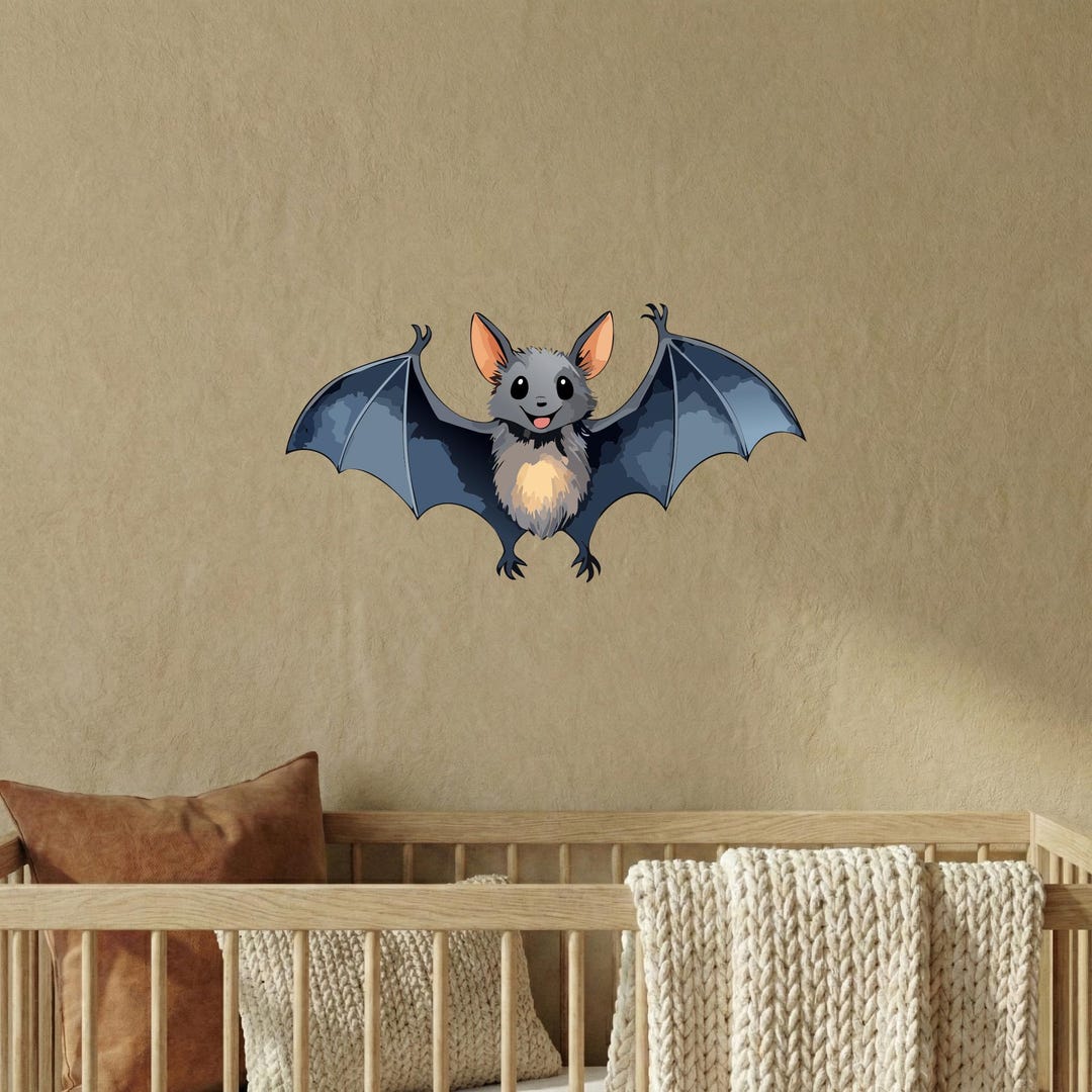 Funny Bat Vinyl Wall Decal, Happy Flying Bat Wall Sticker, Playful ...