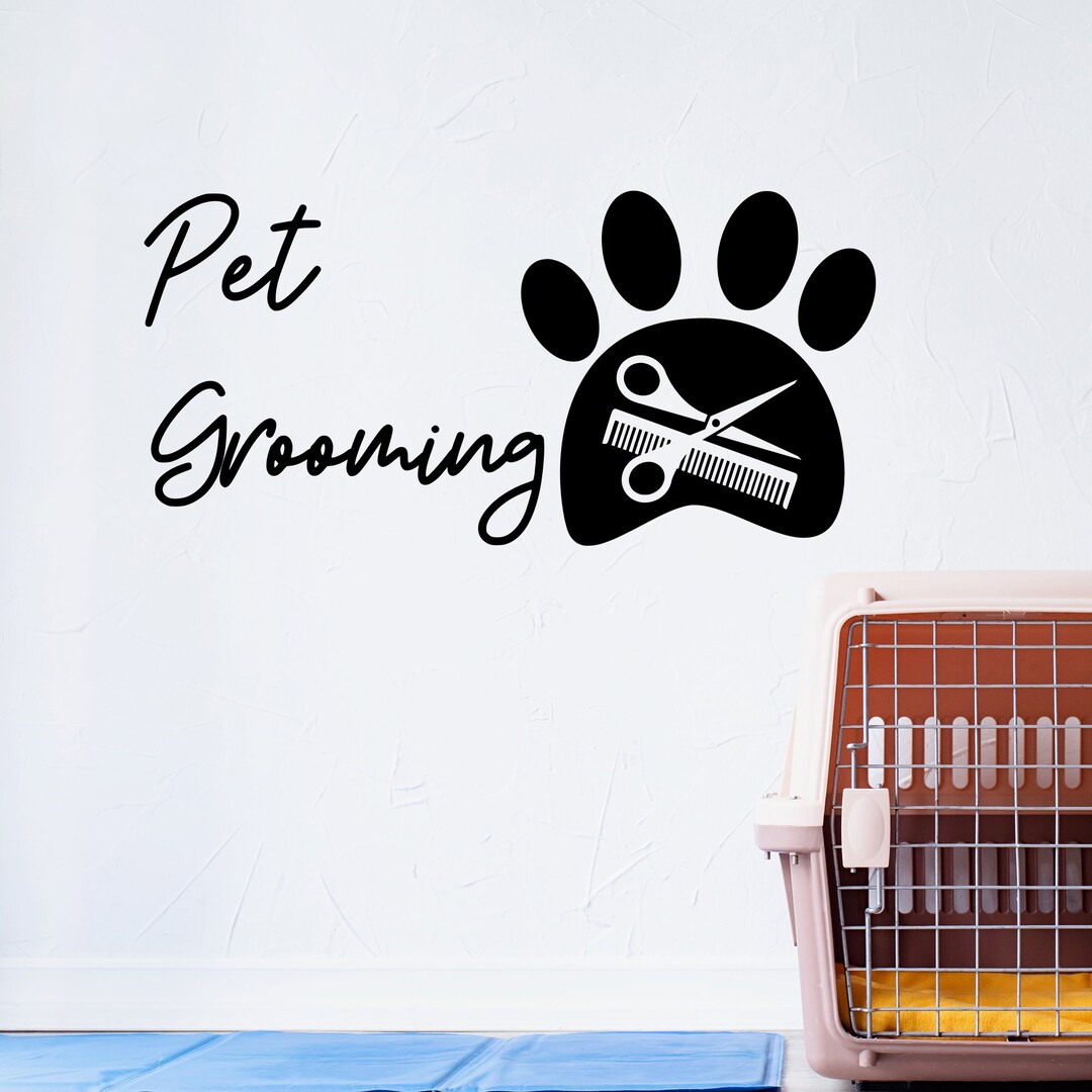 Pet Grooming Vinyl Wall Decal Dog Paw Print Scissors Comb Beauty Health ...