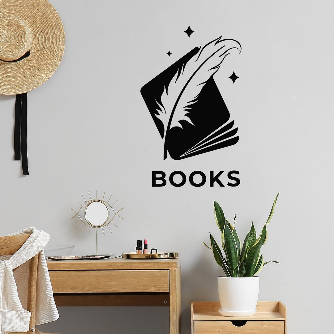 Book Vinyl Wall Decal Bookstore Feather Library Bookworm Books Reading ...
