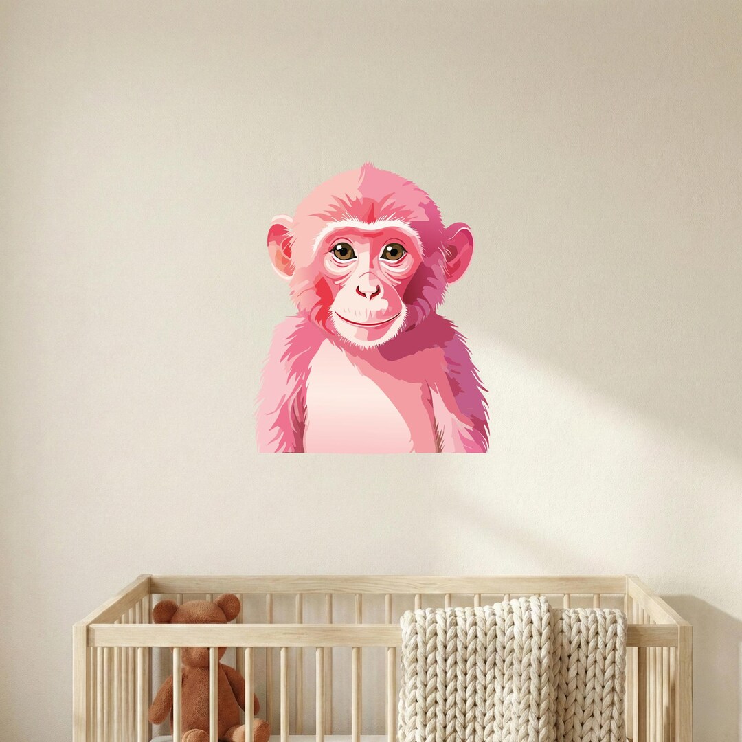 Pink Baby Monkey Vinyl Wall Decal, Sweet Jungle Animal Wall Sticker ...