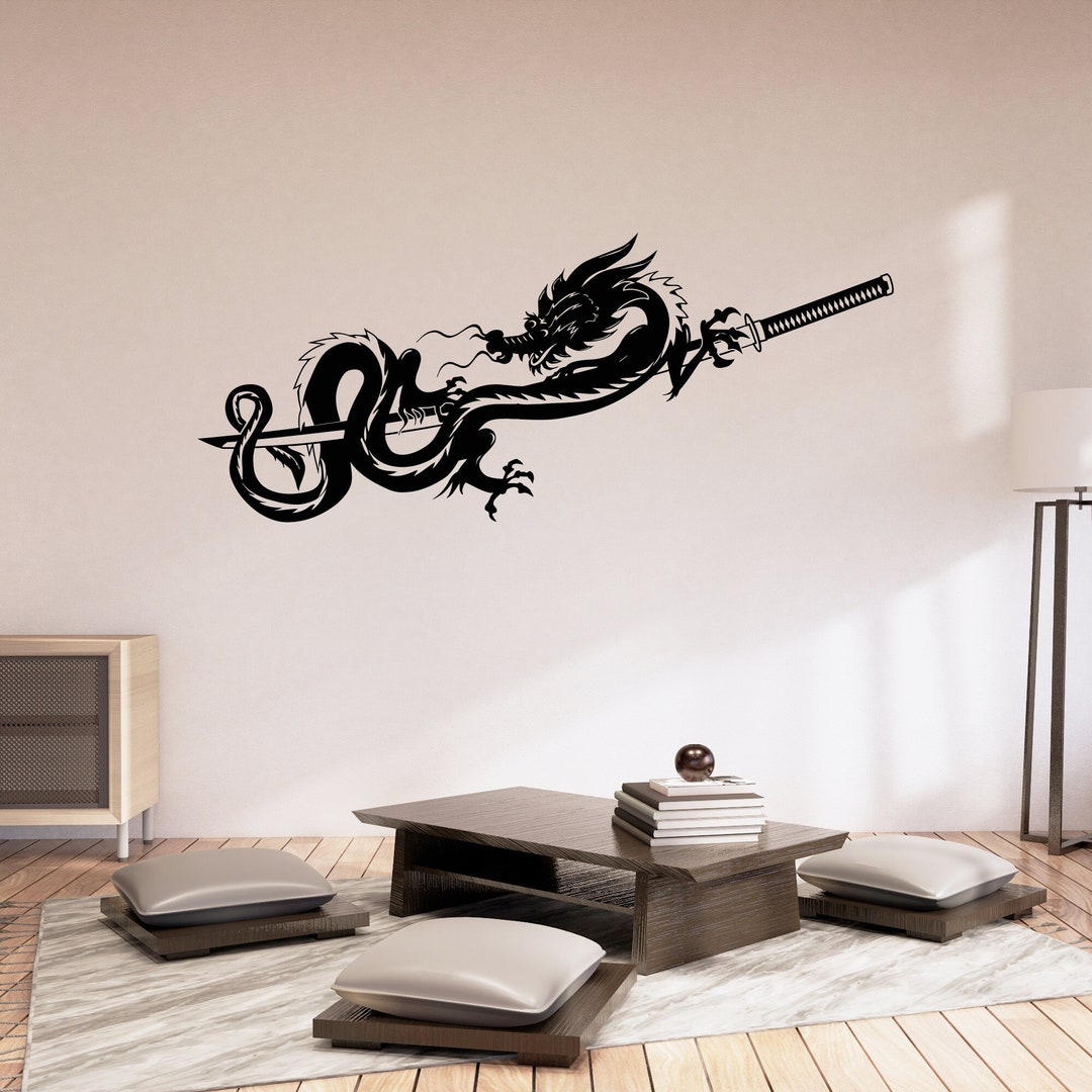 Katana Sword Wall Vinyl Decal Asian Japanese Dragon Restaurant Decor ...