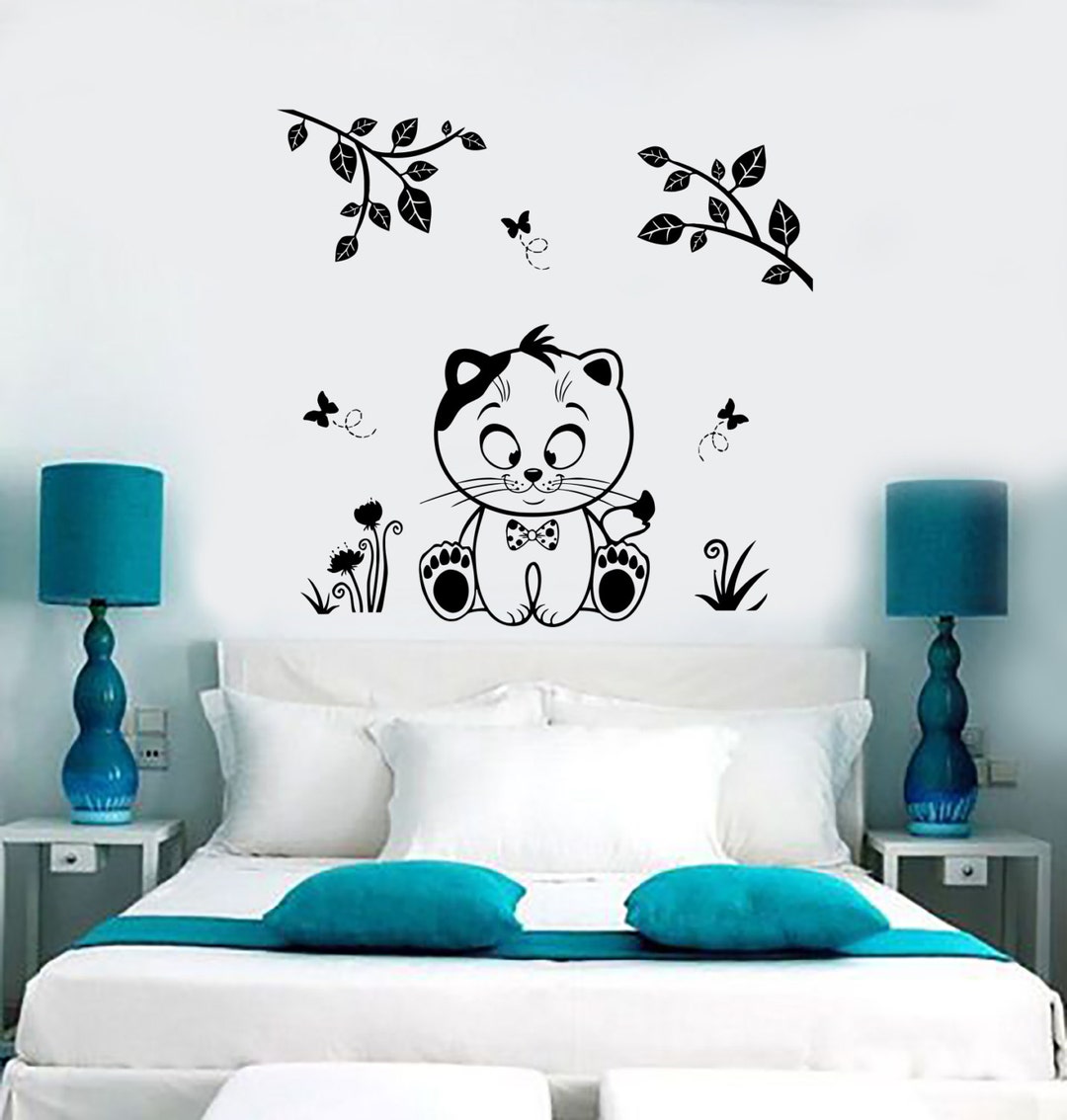 Wall Vinyl Decal Nursery Cat Kitty Kids Children Butterfly Floral Decor ...