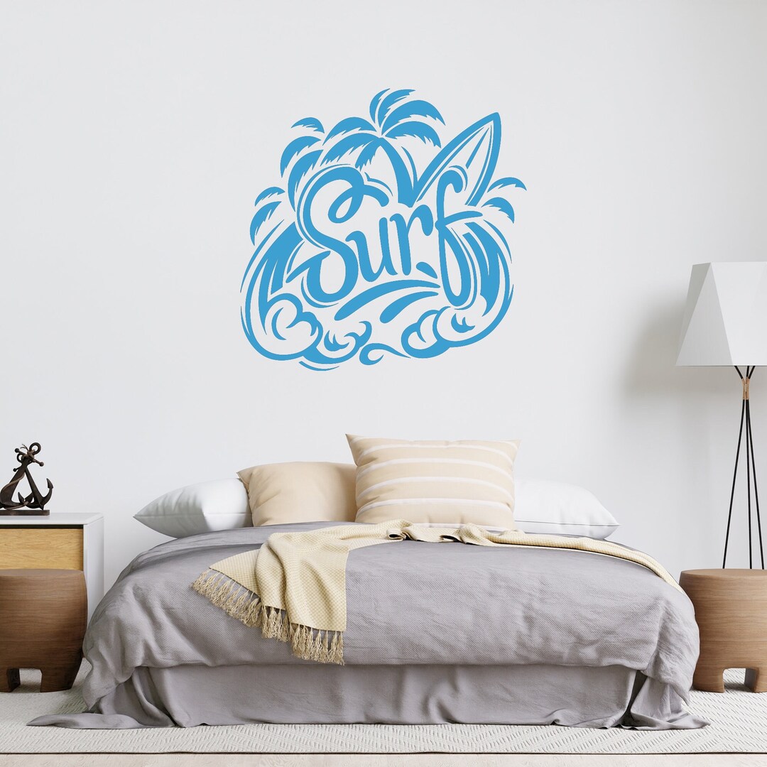 Surf Word Logo Wall Vinyl Decal Quote Water Sports Surfboard Palm Trees ...