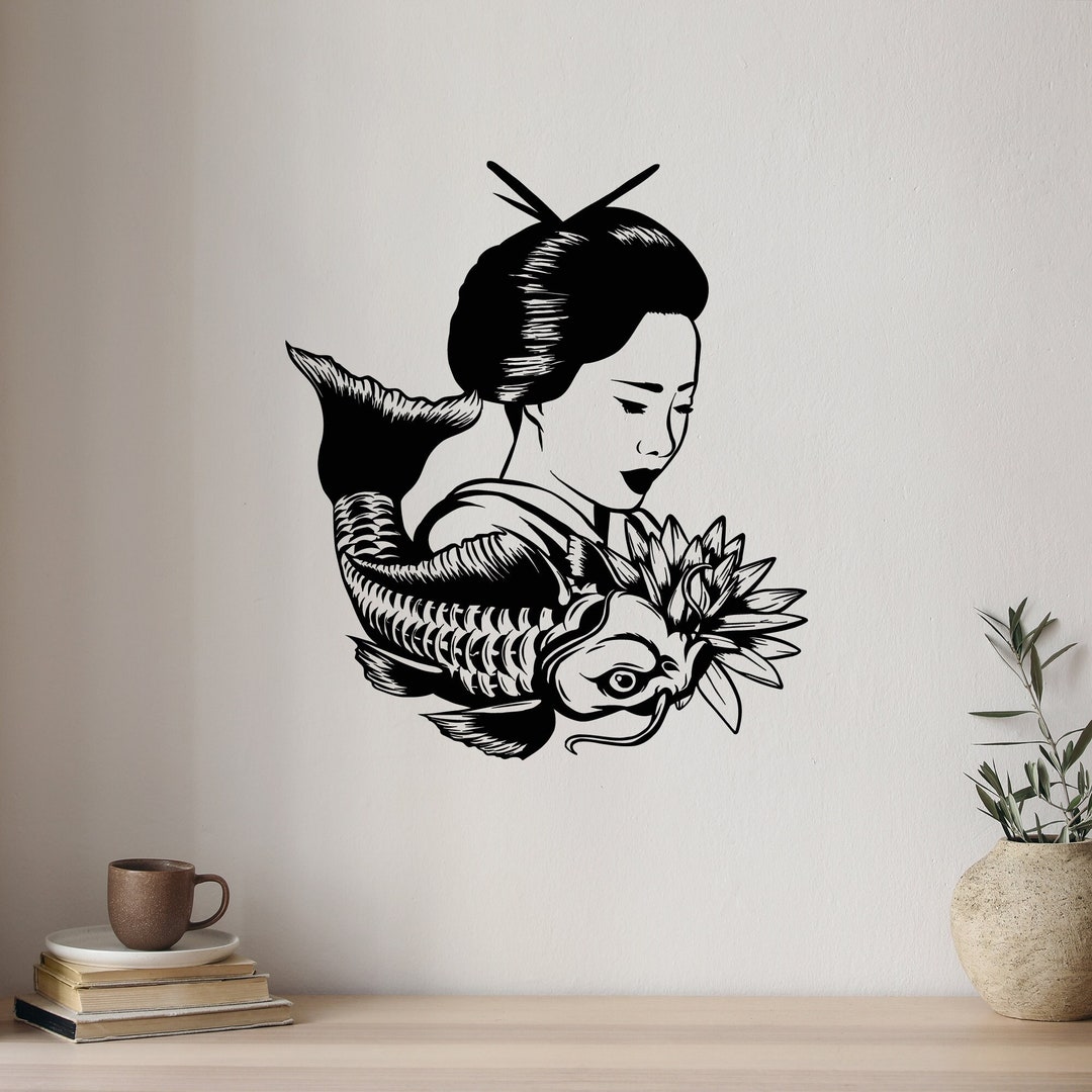 Geisha Vinyl Wall Decal Lotus Fish Oriental Decor Asian Restaurant ...
