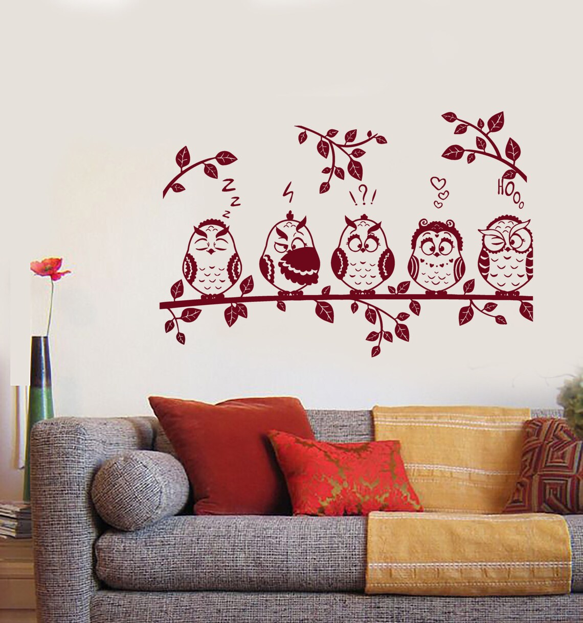 Wall Vinyl Decal Birds Baby Owls Sitting on a Tree Branch Cute Nursery ...