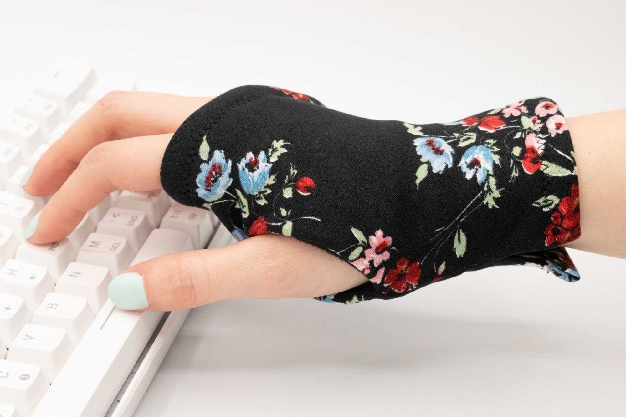 Black Floral Fingerless Gloves, Typing Texting Gloves Fleece Lined ...