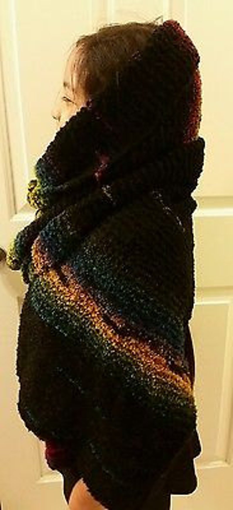 Hand Knitted Buttercream Rainbow Boucle Wrap/throw/shawl(black Rainbow ...